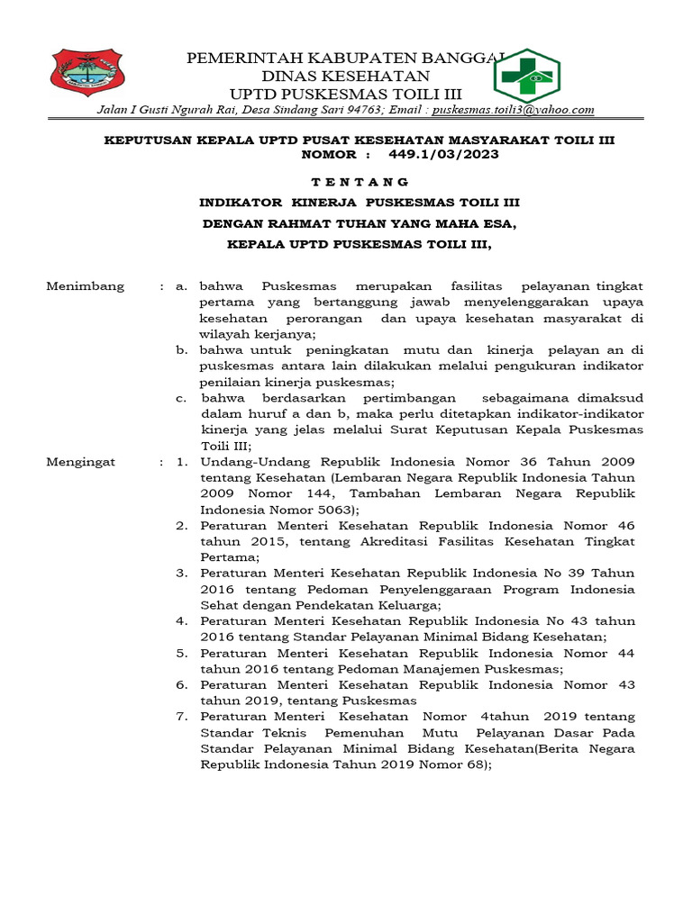 SK Kepala Puskesmas Tentang Penetapan Indikator Kinerja PKM TOILI III | PDF