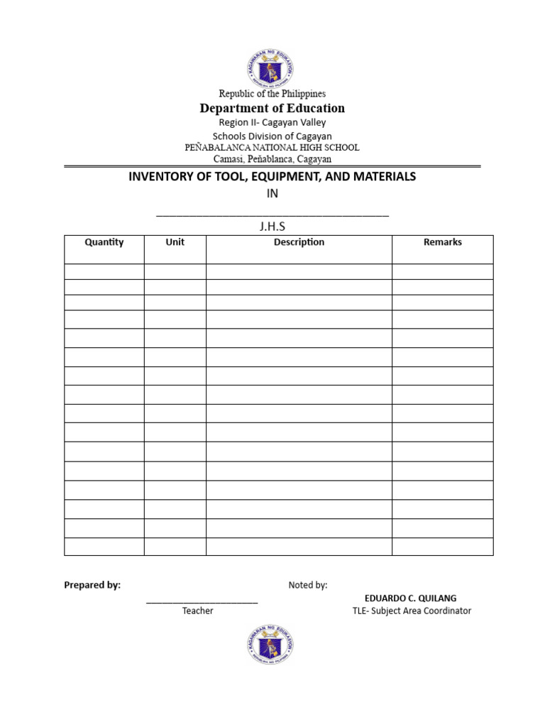 Inventory of Tools Equipment and Materials | PDF