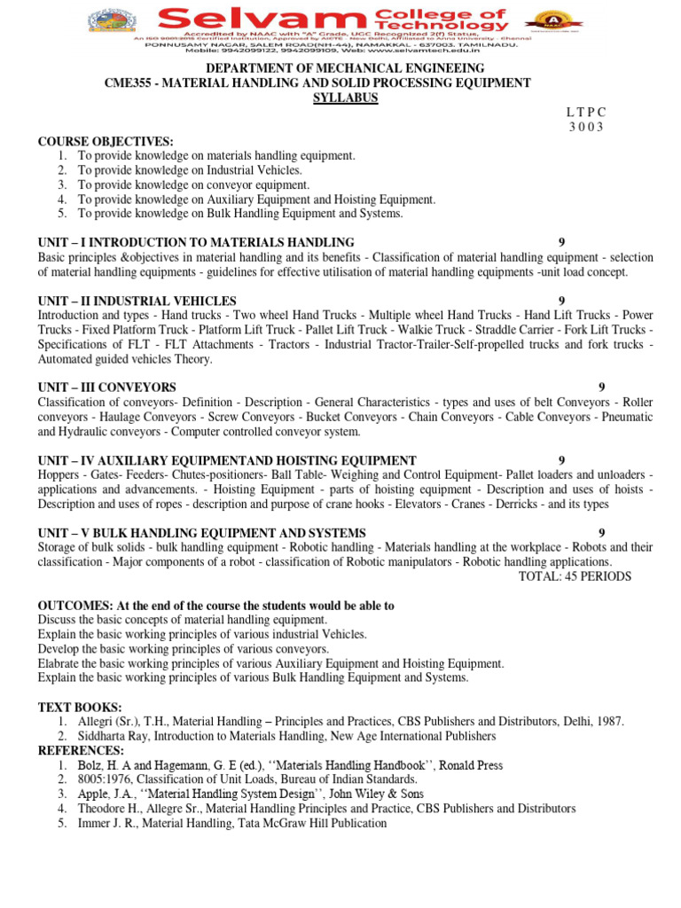 CME355 Material Handling Syllabus | PDF | Secondary Sector Of The ...