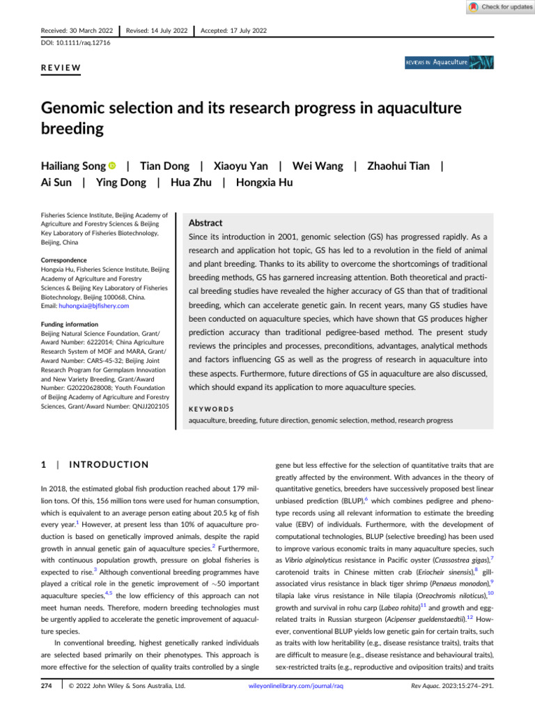 Reviews in Aquaculture - 2022 - Song - Genomic Selection and Its Research Progress in ...