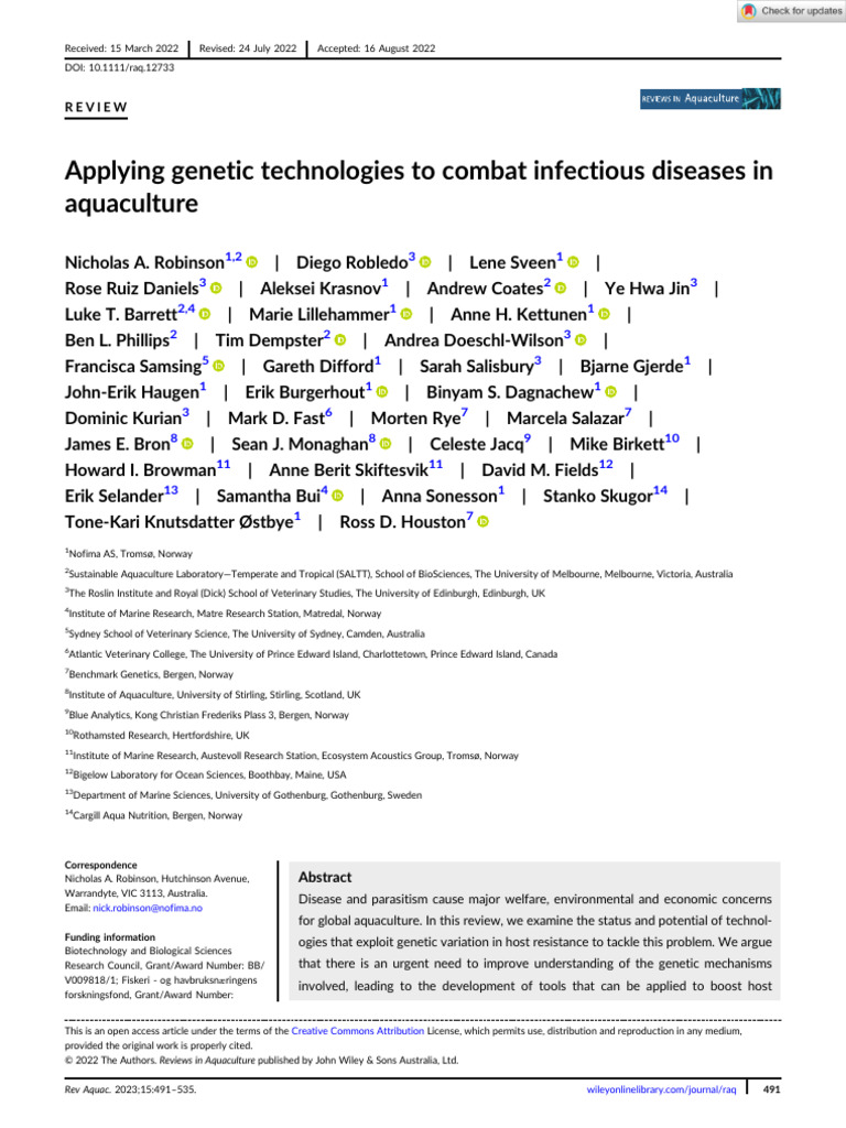 Reviews in Aquaculture - 2022 - Robinson - Applying Genetic Technologies To Combat Infectious ...
