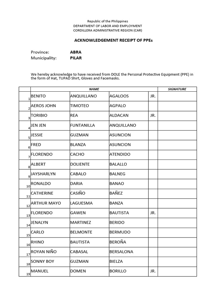 PILAR PPE Acknowledgement | PDF | Personal Protective Equipment ...