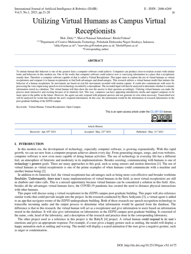 IJAIR - Utilizing Virtual Humans As Campus Virtual Receptionists | PDF | Databases | 3 D ...