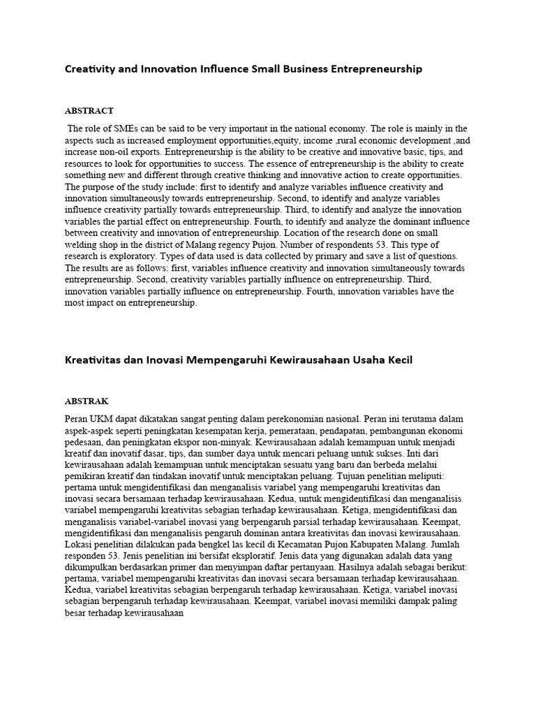 Creativity and Innovation Influence Small Business Entrepreneurship ...