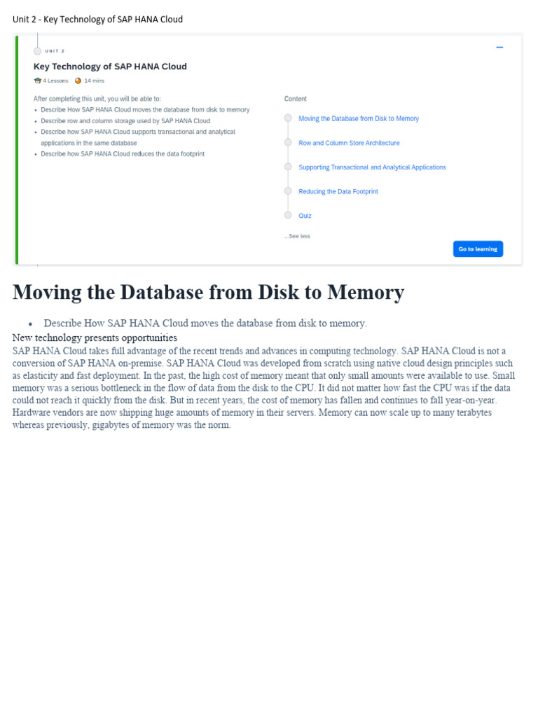 SAP HANA Cloud - Foundation - Unit 2 | PDF | Computer Data Storage | Databases