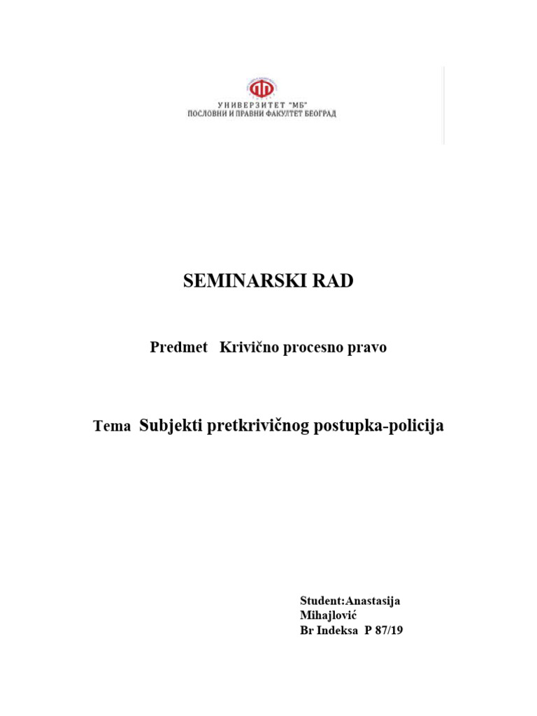 Seminarski Rad: Subjekti Pretkrivičnog Postupka-Policija | PDF