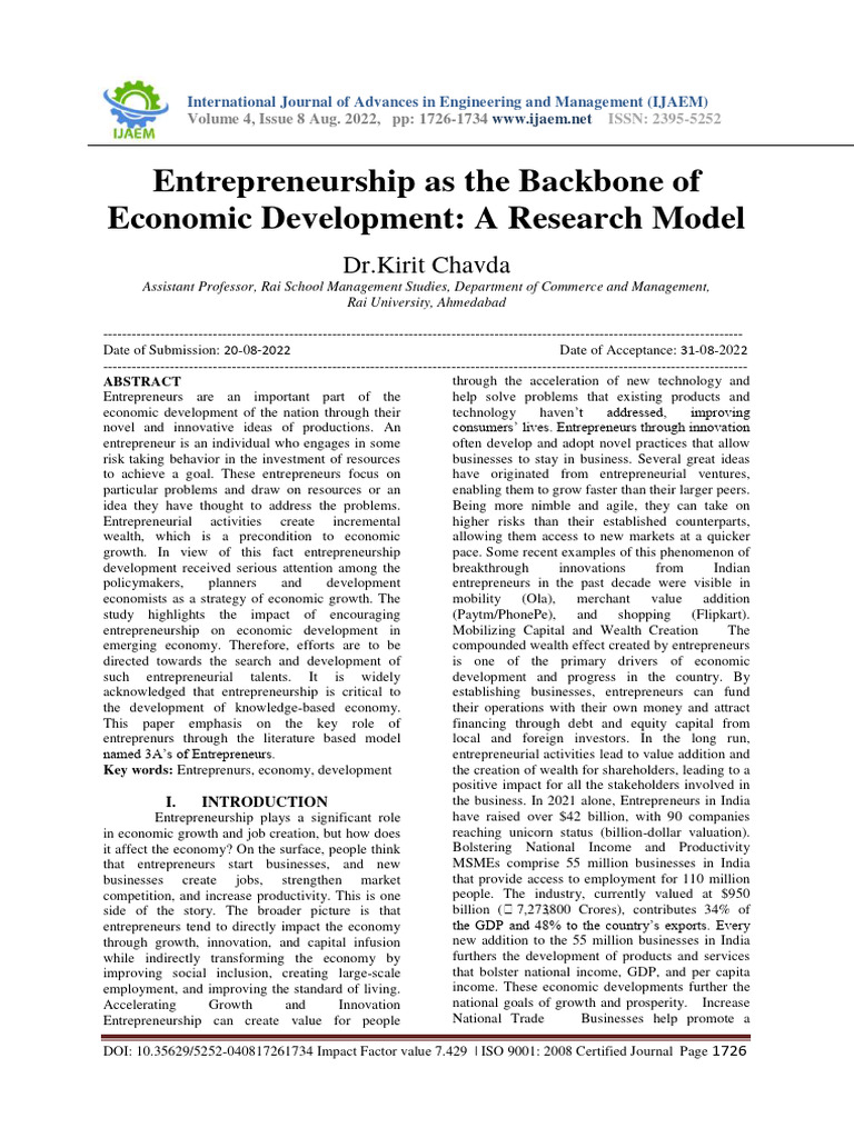 Entrepreneurship As The Backbone of Economic Development A Research ...
