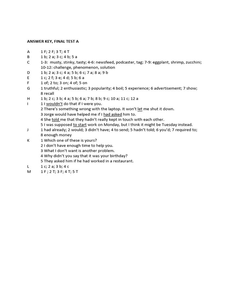 Evolve L4 FinalTest A Answer Key | PDF