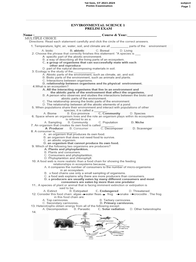 Environmental Science Prelim Exam | PDF | Ecological Niche | Natural ...