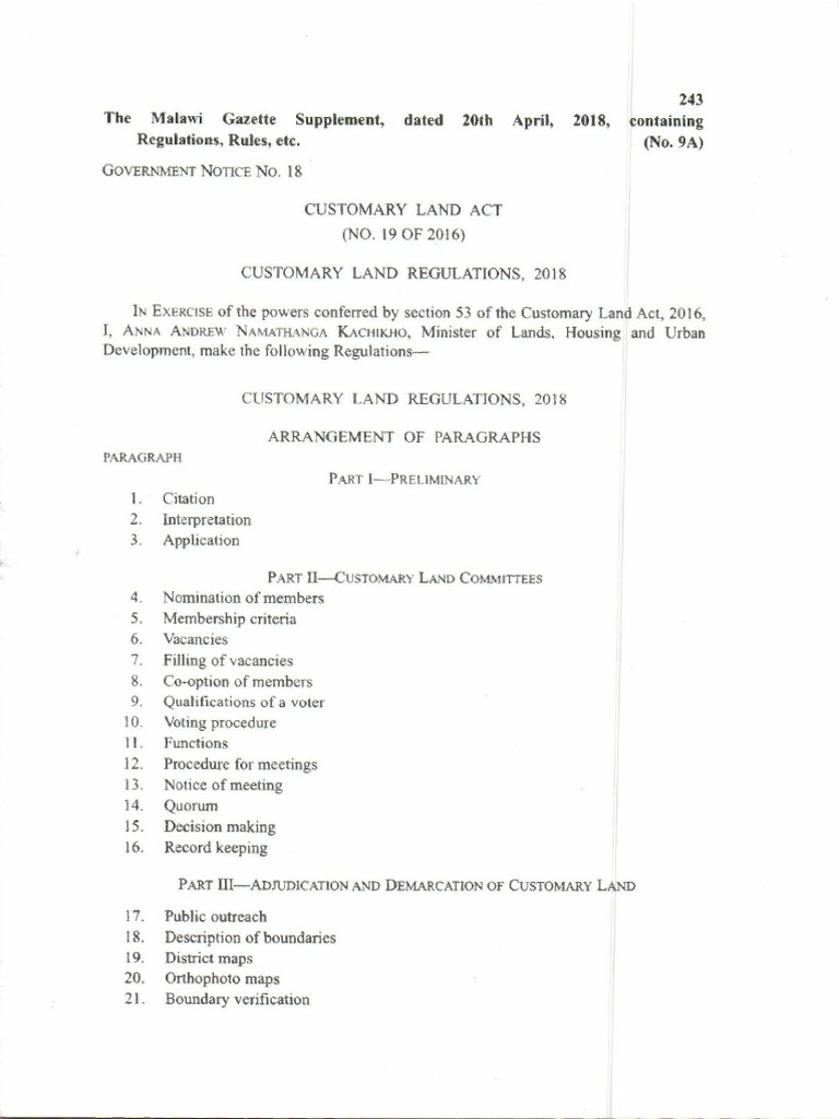Customary Land Regulations 2018 Malawi | PDF | Voting | Tribunal