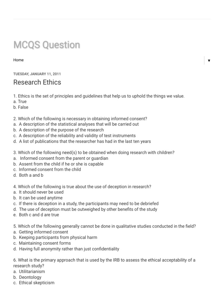 Research Ethics MCQs for Students | PDF | Cancer | Informed Consent