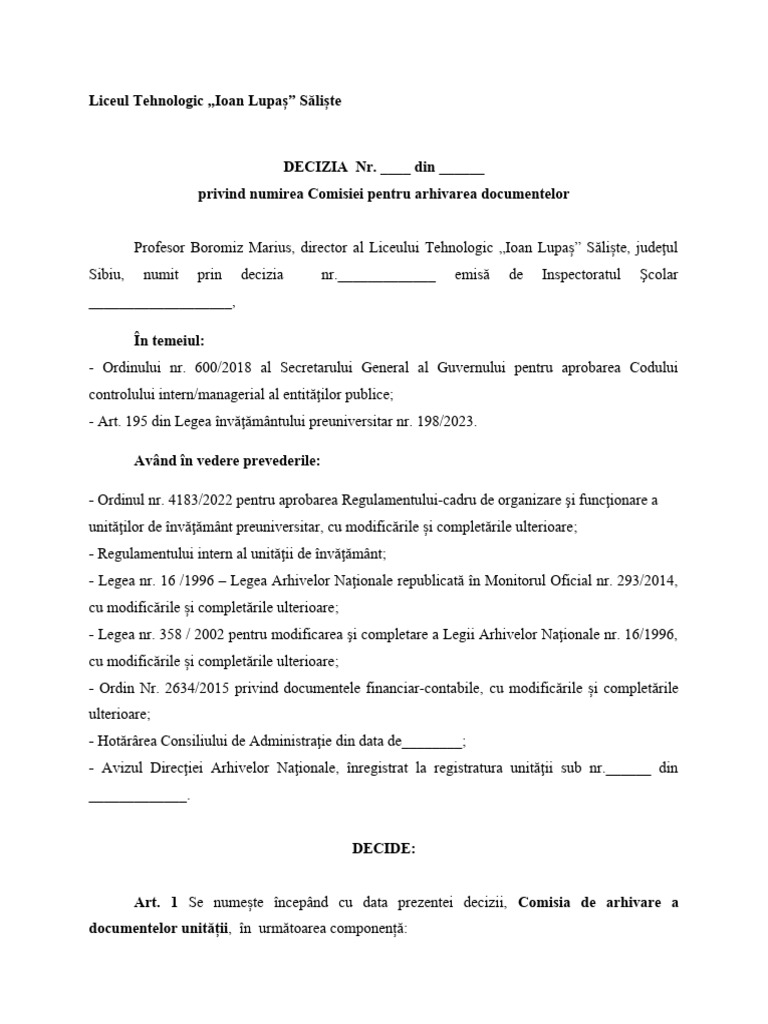 1 Decizie Numire Comisie Arhivare | PDF
