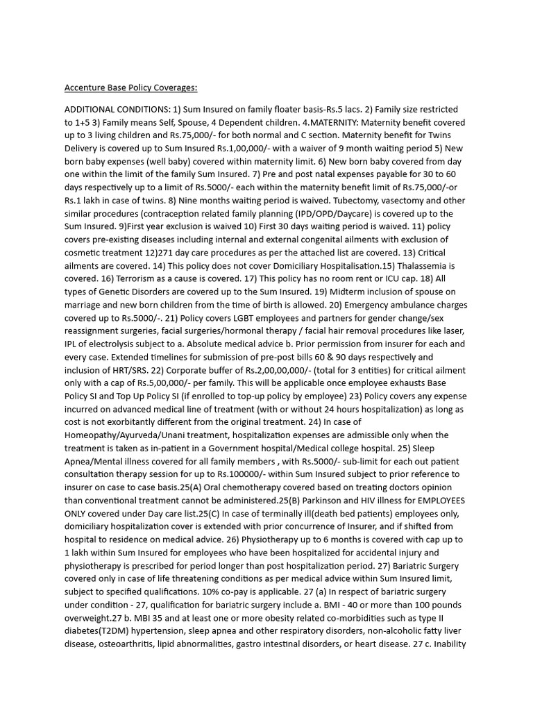 Accenture Employee Health Insurance Policy | PDF | Obesity | Bariatric ...