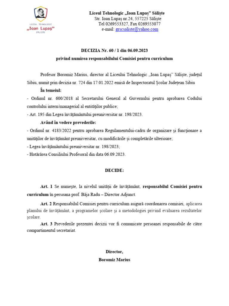 Decizie Numire Responsabil Comisie Curriculum | PDF