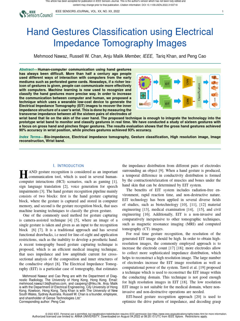 Hand Gestures Classification Using Electrical Impedance Tomography Images | PDF | Electromyography