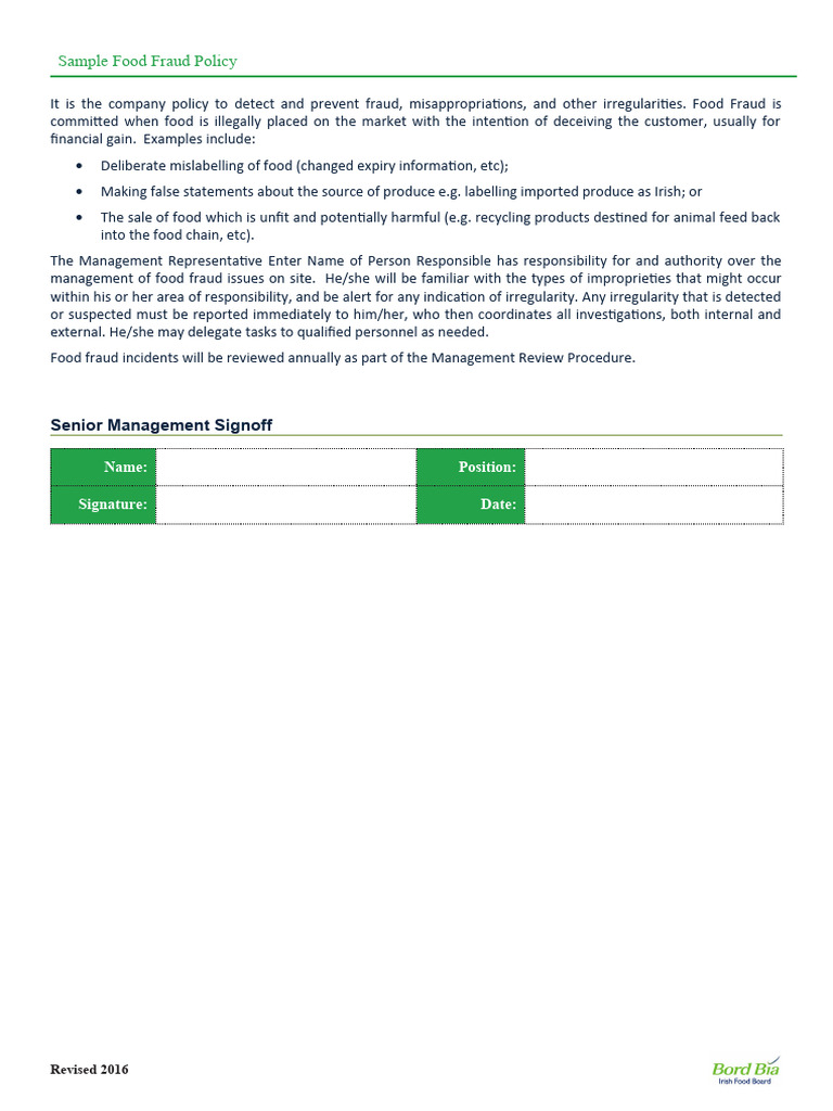 Sample Food Fraud Policy | PDF