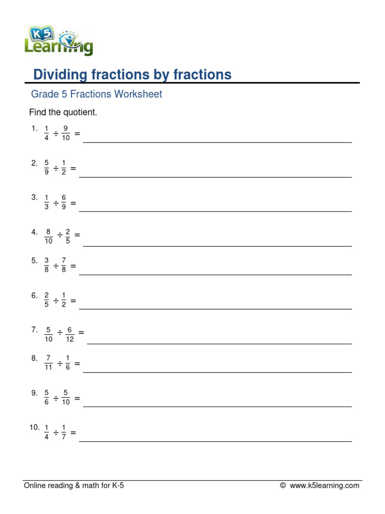 Dividing Fractions Worksheet for Grade 5 | PDF