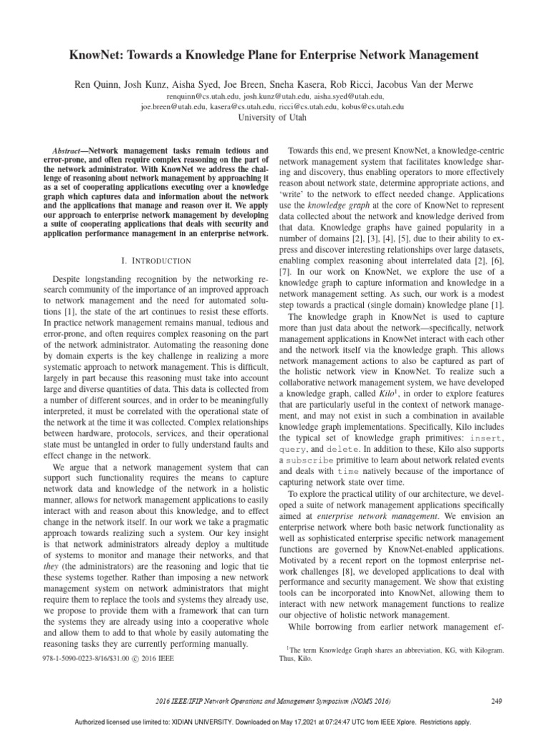 KnowNet - Towards A Knowledge Plane For Enterprise Network Management | PDF | Computer Network ...