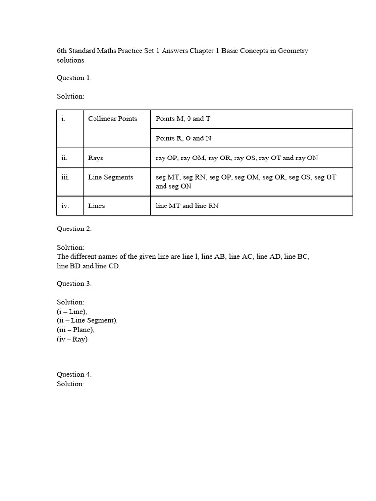 6th Standard Maths Practice Set 1 Answers Chapter 1 Answers | PDF
