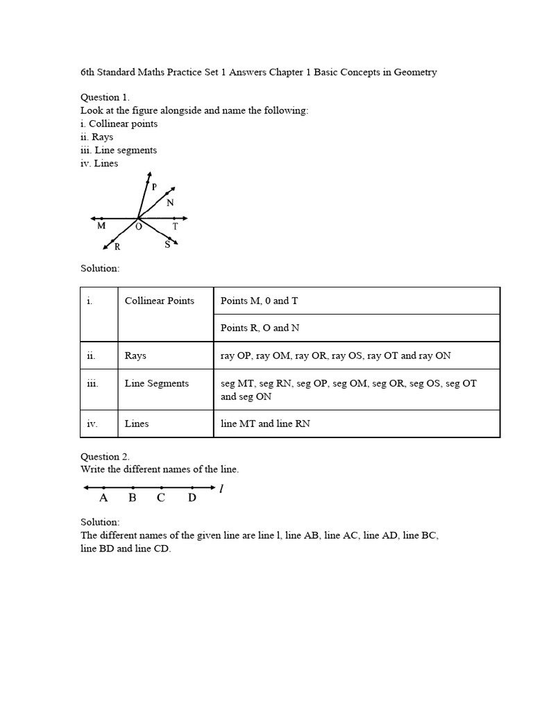 6th Standard Maths Practice Set 1 Answers Chapter 1 | PDF | Line (Geometry) | Mathematical Concepts