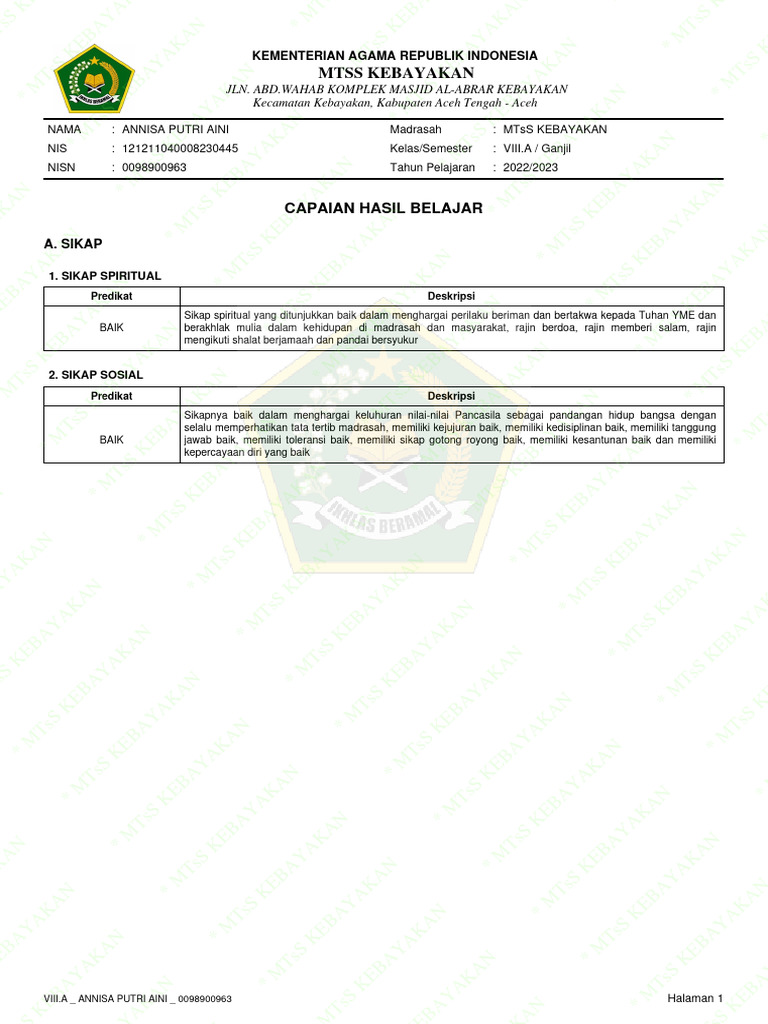 Rapor Viii.a - Annisa Putri Aini - 0098900963 | PDF