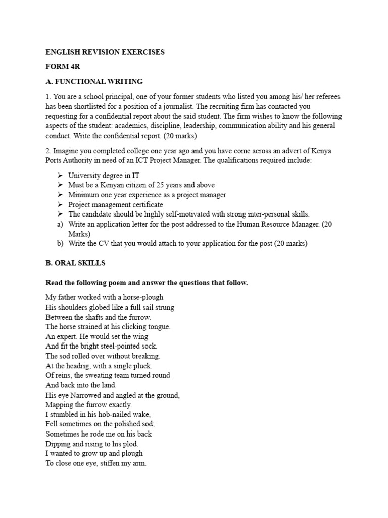 English-Holiday Revision Work | PDF