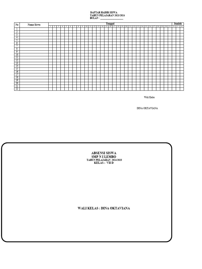 Absensi Siswa Kelas VII D | PDF