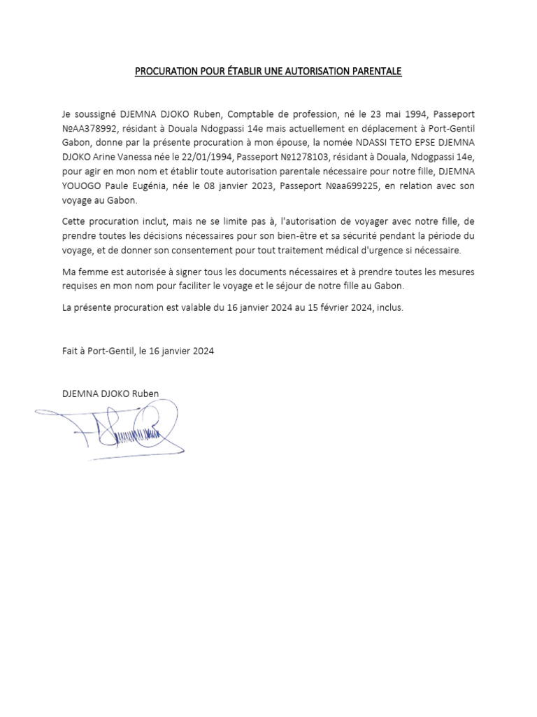 Procuration Pour Établir Une Autorisation Parentale | PDF