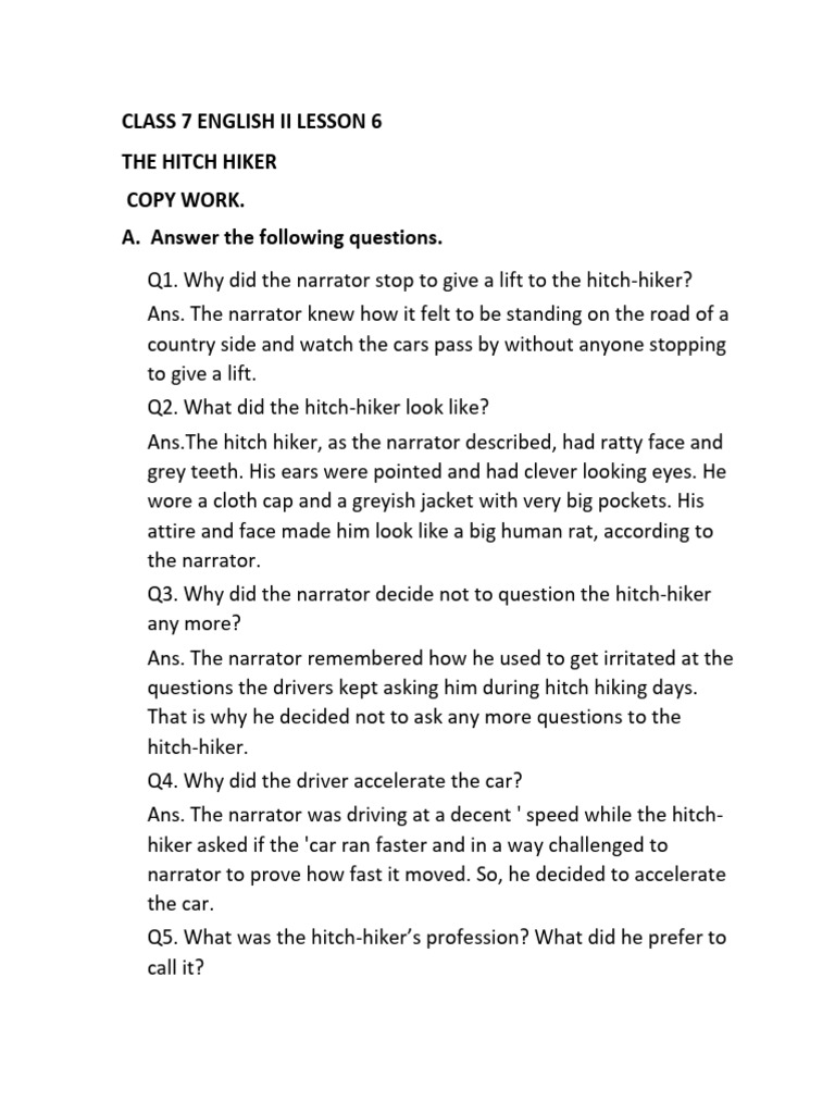 Class 7 English: The Hitch Hiker Q&A | PDF | Language Arts & Discipline