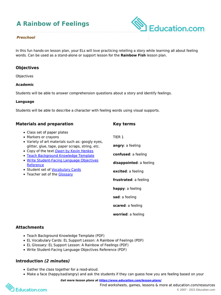 A Rainbow of Feelings: Objectives | PDF | Lesson Plan | Adjective