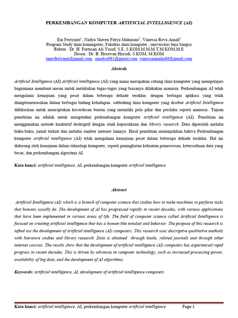 Jurnal Perkembangan Komputer Artificial Intelligence (Ai) | PDF