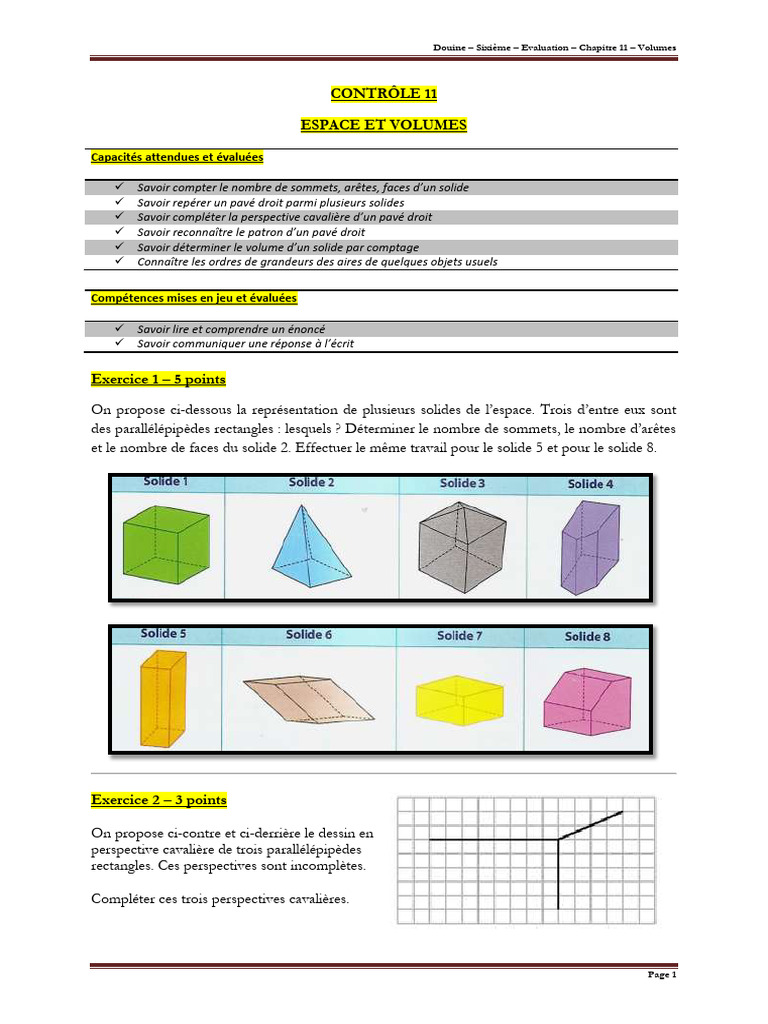 Évaluation sur les volumes en 6ème | PDF | Le volume