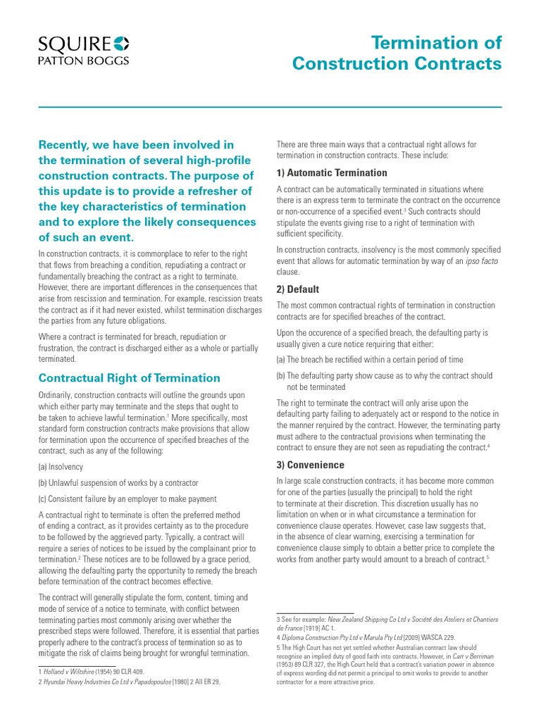 Termination of Construction Contracts | PDF | Breach Of Contract | Law ...