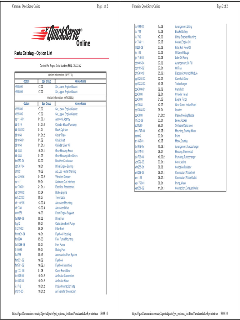Qsol2.cummins - Com qs2 Portal Parts Get Options List | PDF | Engines | Engine Technology