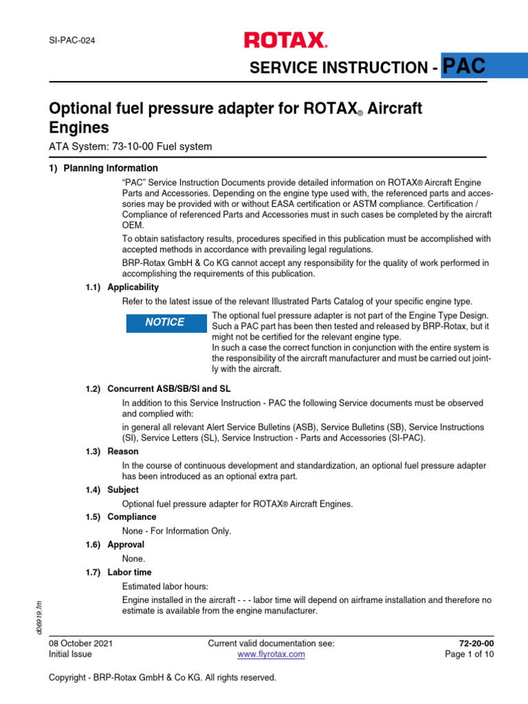 SI-PAC-024 - Optional Fuel Pressure Adapter For ROTAX Aircraft Engines ...