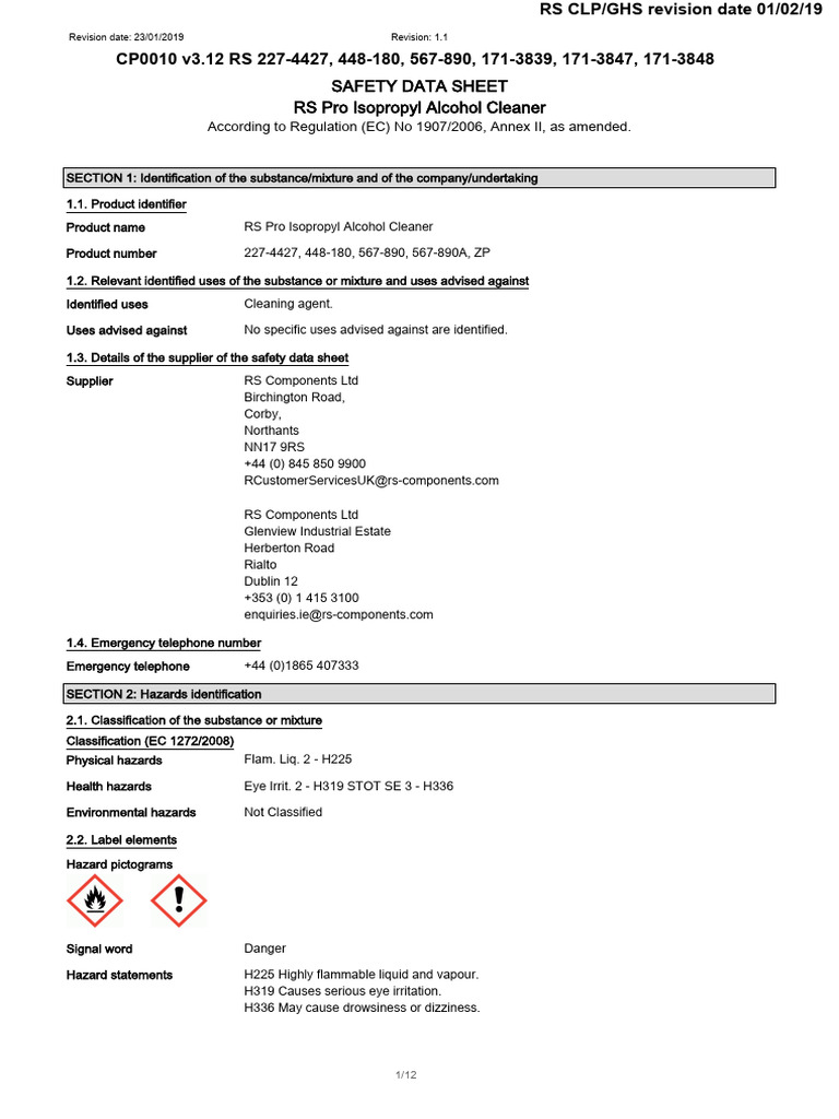 RS Pro Isopropyl Alcohol Cleaner | PDF | Firefighting | Toxicity