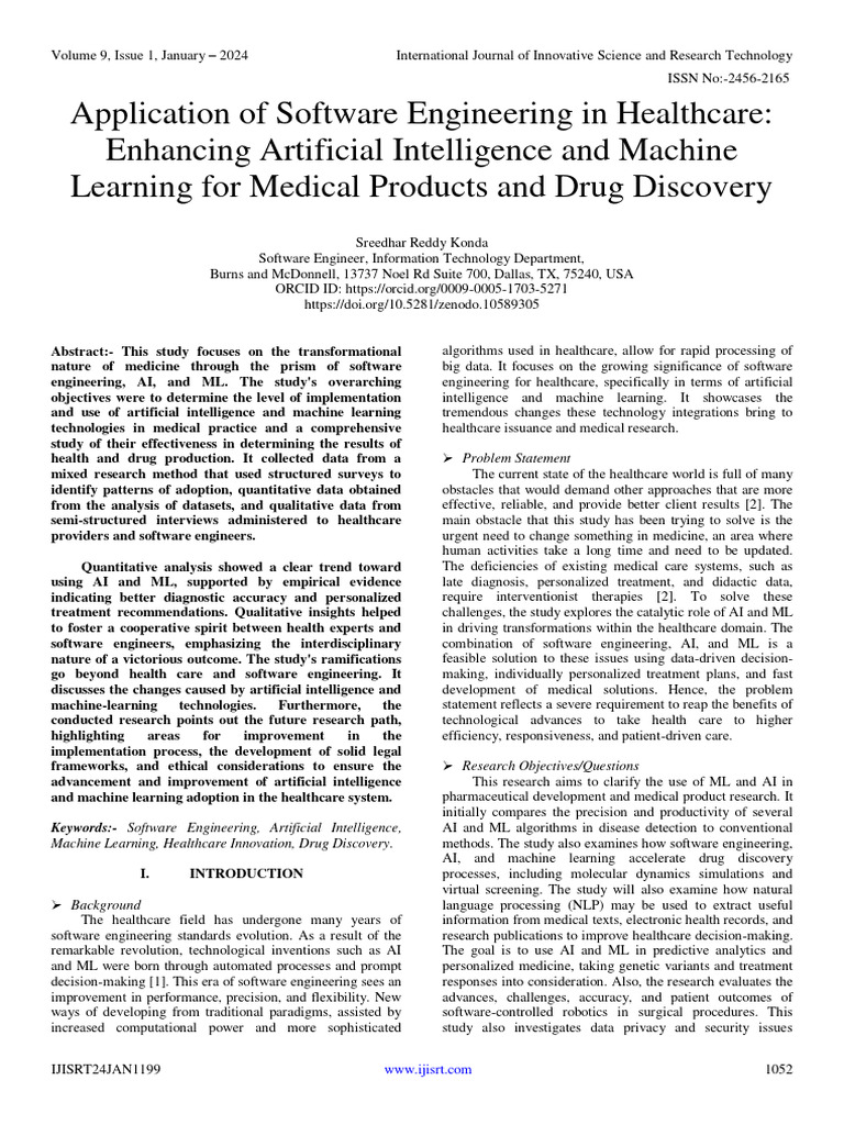 Application of Software Engineering in Healthcare: Enhancing Artificial Intelligence and Machine ...