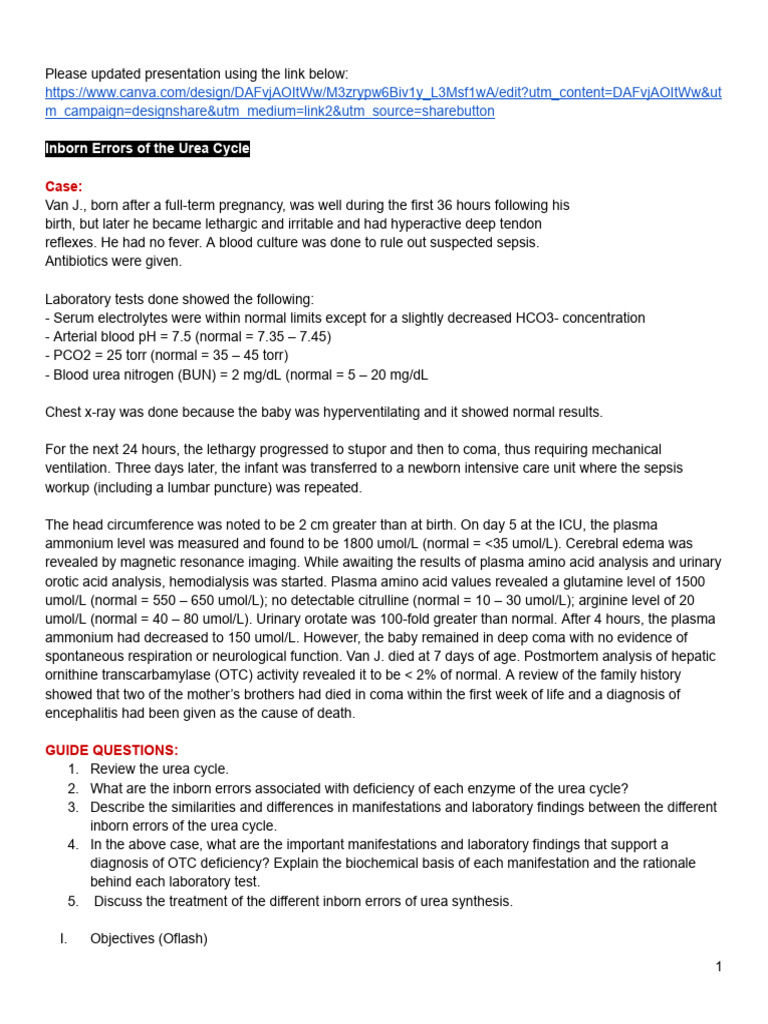 Inborn Errors of Urea Cycle Case Study | PDF | Human Diseases And ...