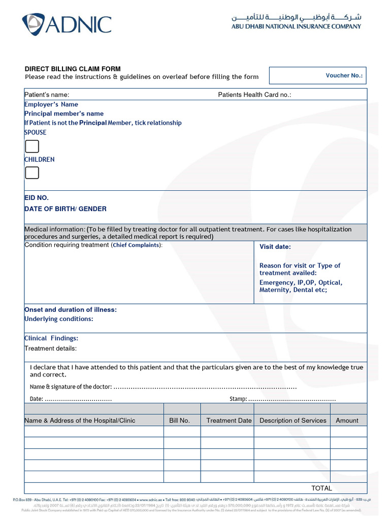 ADNIC Direct Billing Claim Form PDF | PDF | Patient | Public Services