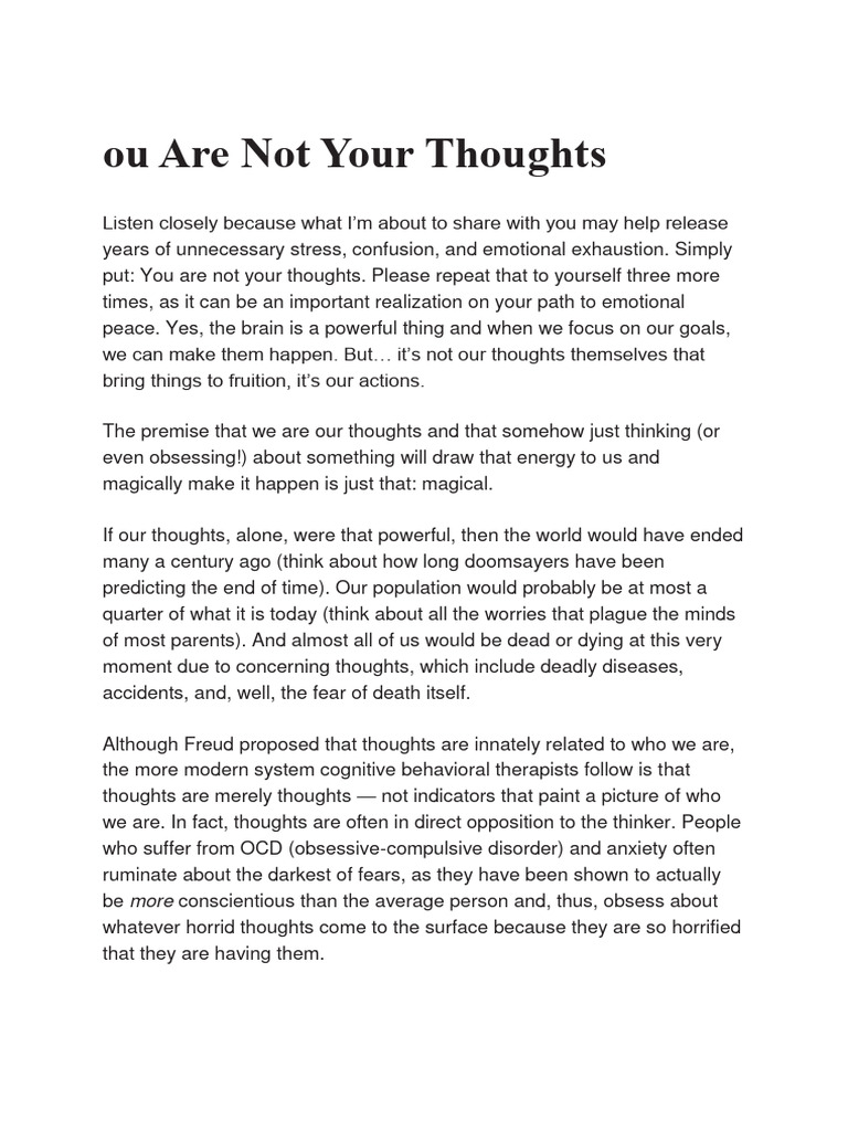 You Are Not Your Thoughts | PDF | Thought | Obsessive–Compulsive Disorder