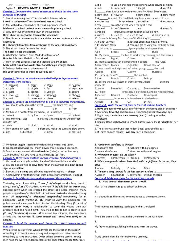 Review Unit 7. Traffic: English 7 | PDF | Traffic | Land Transport