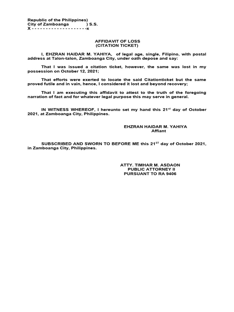 Affidavit of Loss1 | PDF | Affidavit | Judiciaries