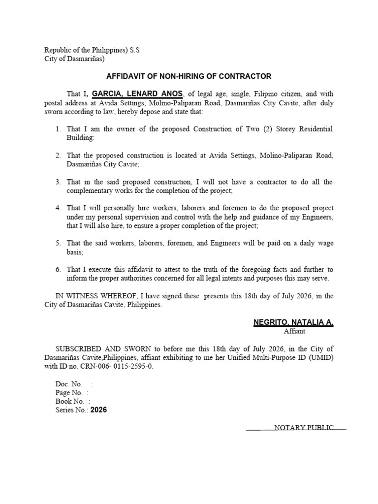 Affidavit of Non Hiring of Contractor | PDF