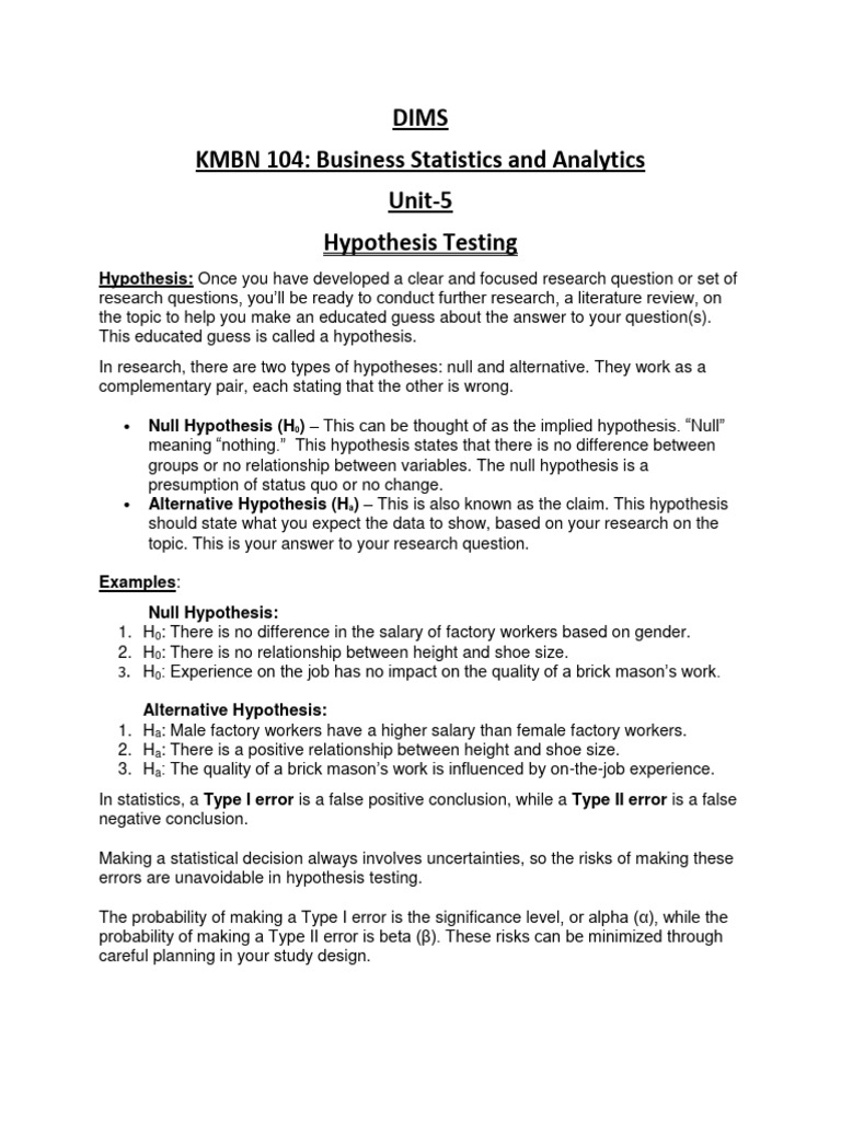Unit 5 Hypothesis Testing Pdf Type I And Type Ii Errors 4115