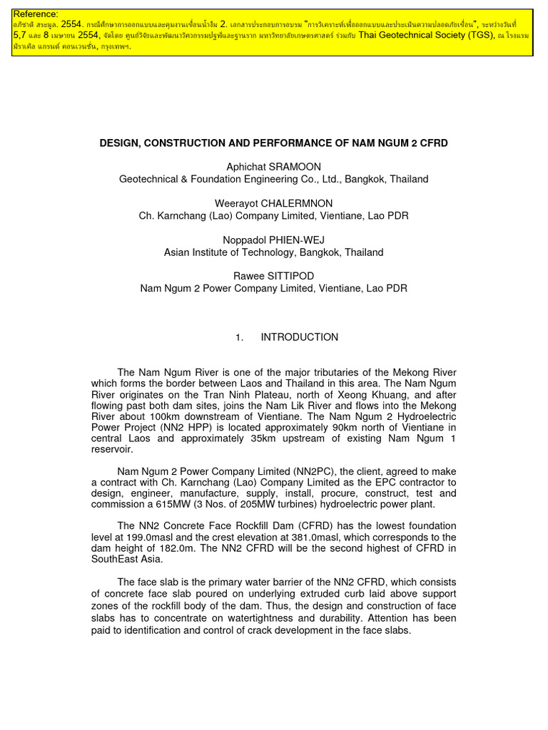 Apichart Sramoon NN2 CFRD Design Construction and Performance | PDF | Dam | Spillway