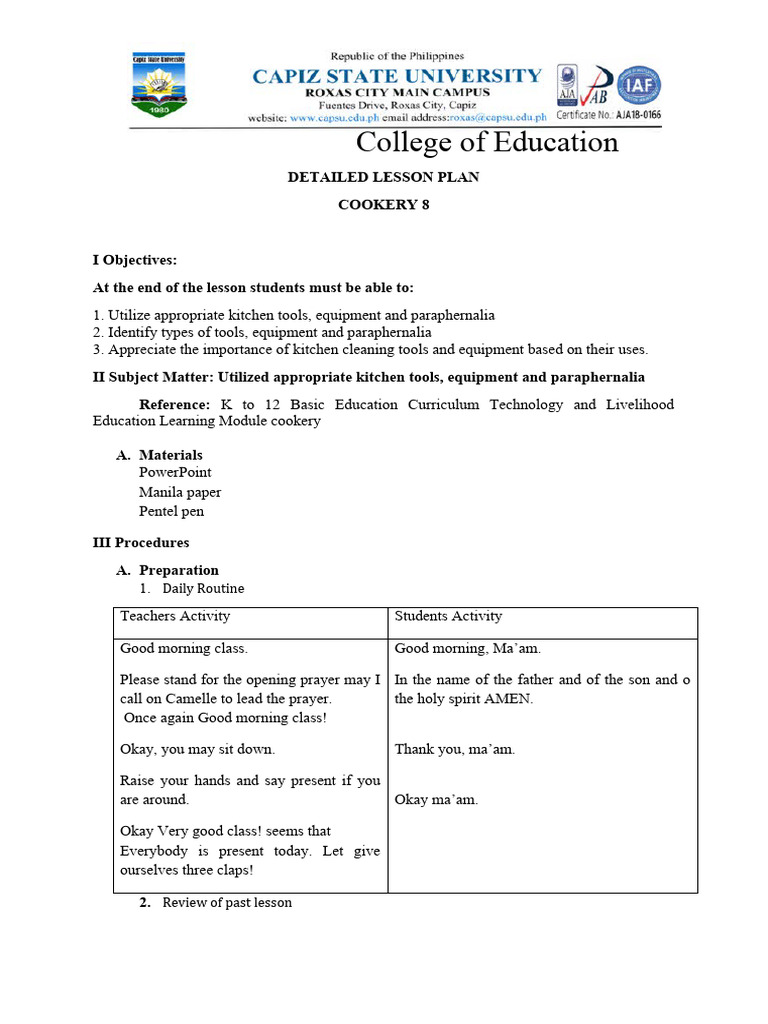 Kitchen Tools and Equipment Lesson Plan | PDF | Refrigerator | Spoon