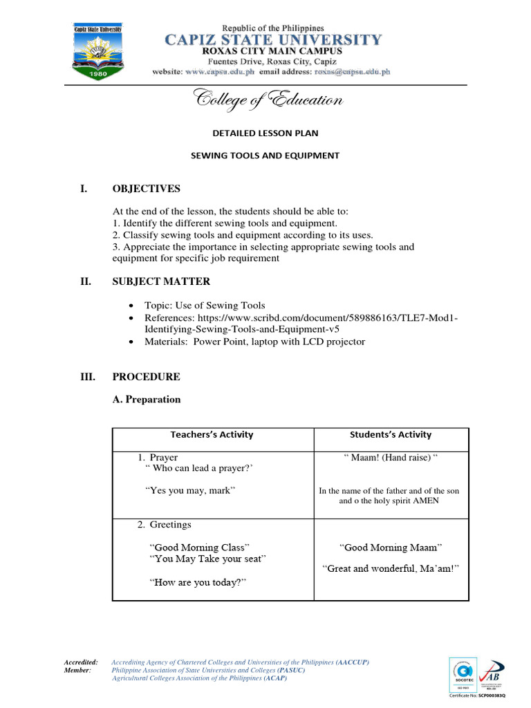 College of Education: Detailed Lesson Plan Sewing Tools and Equipment ...