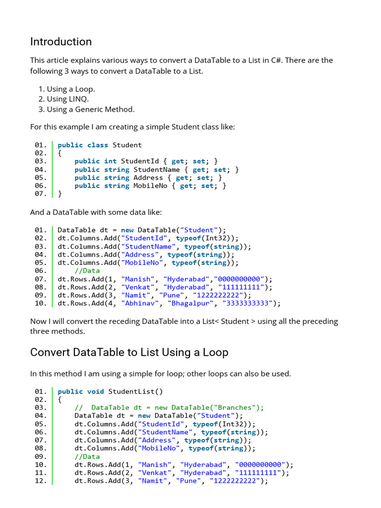 Convert DataTable To List in C# | PDF | C Sharp (Programming Language) | Computing