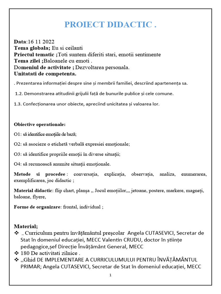 Proiect de Activitate Didactica Baloanele Cu Emotii | PDF