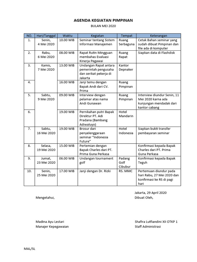 Agenda Kegiatan Pimpinan | PDF